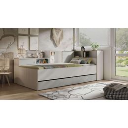 Jugendbett Home Affaire "ELLETE Stauraumbett 90x200 cm, Ma&szlig;e B/T/H: 231,5/125,5/88,5 cm", grau (wei&szlig;, hellgrau, wei&szlig;, wei&szlig;), B:231,5cm H:88,5cm L:231,5cm, Betten, Jugendbett, Bett ohne Matratze mit 2 Schubladen, 2 T&uuml;ren und 6 F&auml;cher