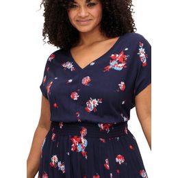 sheego Damen Maxikleid mit Blumendruck und gesmokter Taille, marine-gemustert, Gr&ouml;&szlig;e 42