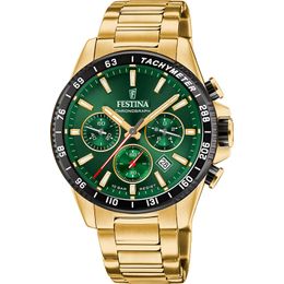Chronograph Festina "Timeless Chronograph", gold (goldfarben, gr&uuml;n), Armbanduhren, Herren, Chronograph, Armbanduhr, Quarzuhr, Herrenuhr, Stoppfunktion, Edelstahlarmband