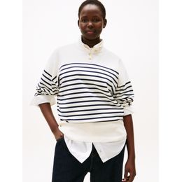 Stehkragenpullover Tommy Hilfiger Curve "CRV CO JERSEY GOLD BTN MK-NK SWT", Damen, Gr. 48, placed thin navy stp sweaters, Strick, Obermaterial: 75% Baumwolle, 25% Polyamid, gestreift, B&uuml;ndchen, Pullover Stehkragenpullover, in gro&szlig;en Gr&ouml;&szlig;en, mit goldfarbenen Kn&ouml;pfen