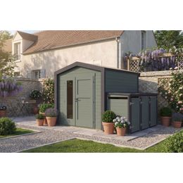 Gartenhaus Weka "Killarney", gr&uuml;ngrau, anthrazit, ohne Fu&szlig;boden, ohne Dacheindeckung, Massivholz, Gartenh&auml;user, Gartenhaus, Doppelt&uuml;r, 1 1/2 Seite mit Fenster, inkl. 3er M&uuml;lltonnenbox