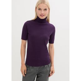 Kurzarmpullover bonprix "Rollkragenpullover, Kurzarm", Damen, Gr. 52/54 (XXL), lila (dunkellila), Feinstrick, Obermaterial: 70% Baumwolle, 30% Polyamid, unifarben, slim fit h&uuml;ftbedeckend, Rundhals, Strickb&uuml;ndchen, Pullover, im Feinstrick-Baumwoll-Mix, mit hohem Rollkragen