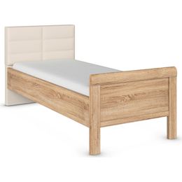 Bett Rauch "Bett Einzelbett Stollenbett EVELYN", braun (eiche sonoma), B:99cm H:100cm L:214cm, Betten, Bett, in Komforth&ouml;he mit Polsterkopfteil in elegantem Stil MADE IN GERMANY