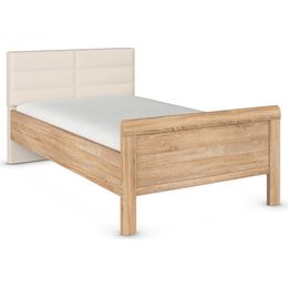 Bett Rauch "Bett Einzelbett Stollenbett EVELYN", braun (eiche sonoma), B:129cm H:100cm L:214cm, Betten, Bett, in Komforth&ouml;he mit Polsterkopfteil in elegantem Stil MADE IN GERMANY