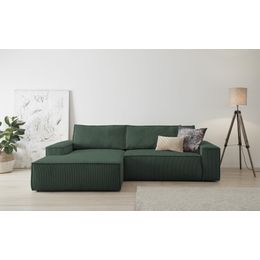 Ecksofa Home Affaire "SHERWOOD L-Form, 267 cm - OTTO. Verl&auml;ssliche Qualit&auml;t.", gr&uuml;n (dunkelgr&uuml;n), B:267cm H:85cm T:167cm, 100% Polyester, Sofas, Ecksofa, Schlaffunktion mit Bettkasten (210x136 cm), Cord, Vintage, Samtvelours