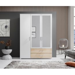 Dreht&uuml;renschrank Schlafkontor "Ivar Kleiderschrank mit Spiegel", wei&szlig; (wei&szlig;, eiche sonoma, spiegel), B:125cm H:190cm T:51cm, Melamin, Schr&auml;nke, Dreht&uuml;renschrank, inklusive 2 Spiegelt&uuml;ren und 2 farblich abgesetzten Schubk&auml;sten