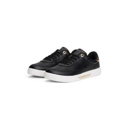 Plateausneaker Tommy Hilfiger "ESSENTIAL CHIC COURT SNEAKER", Damen, Gr. 39, schwarz, Nappaleder, metallic, Schuhe Plateausneaker, Freizeitschuh, Halbschuh, Schn&uuml;rer, goldfarbenen Details im Plateau