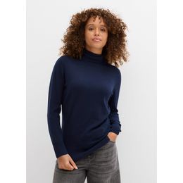 Rollkragenpullover bonprix "Feinstrick-Rollkragenpullover", Damen, Gr. 44/46 (L), blau (dunkelblau), Feinstrick, Obermaterial: 70% Baumwolle, 30% Polyamid, unifarben, schmal normal, ohne Ausschnitt, Rippb&uuml;ndchen, Pullover Rollkragenpullover, aus Baumwollmischung, mit hohem Rollkragen, schmale Passform