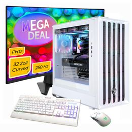 GAMEMAX Gaming-PC-Komplettsystem "MegaDeal CLAW WH 2781 AMD Ryzen 5 7500F 32GB DDR5 1TB SSD RTX 5060", Energieeffizienz: E (A-G), wei&szlig;, Microsoft Windows 11 Home (64 Bit), 32 GB RAM 1.000 GB SSD, Computer_Komplettsysteme, Windows 11, DDR5 RAM + MSI MAG 32C6 Curved Monitor, 80cm (32")