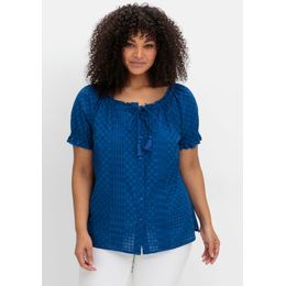 Kurzarmbluse sheego by Joe Browns, Damen, Gr. 46, blau (blaubeere), 100% Baumwolle, unifarben, Carmenausschnitt, Blusen
