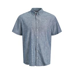 Jack & Jones PlusSize Kurzarmhemd "JPRBLUSUMMER LINEN BLEND SHIELD SS PLS", Herren, Gr. 4XL, N-Gr, faded denim, Web, Obermaterial: 70% Baumwolle, 30% Leinen, JACK & JONES PLUSSIZE, unifarben, regular fit normal, angesetztes B&uuml;ndchen, Hemden, mit Stickerei