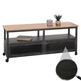 Lowboard MCW-N28, TV-Rack, Rollen 2 F&auml;cher, 3D-Struktur Industrial Retro Metall Holz 55x130x36cm ~ schwarz, natur