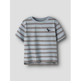 T-Shirt name it "NMMVOBY SS NREG TOP", Jungen, Gr. 110, blau fog stripes:chestnut, Jersey, Obermaterial: 100% Baumwolle, bedruckt, gestreift, normal normal, Rundhals, Shirts T-Shirt, Baumwolle, regular fit