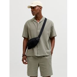 Jack & Jones Kurzarmhemd JACK & JONES "JJGLOBAL WAFFLE RESORT SHIRT SS", Herren, Gr. L, N-Gr, beige (vetiver), Web, Obermaterial: 100% Baumwolle, unifarben, regular fit normal, ohne Ausschnitt, gerader Abschluss, Hemden, mit Resort Kragen