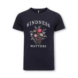 T-Shirt KIDS Only "KOGEMMA REG S/S FLOWER TOP BOX JRS", M&auml;dchen, Gr. 146/152, night sky print:kindness, Jersey, Obermaterial: 100% Baumwolle, bedruckt, bestickt, unifarben, regular fit h&uuml;ftbedeckend, Rundhals, Shirts T-Shirt