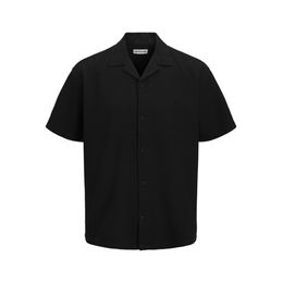 Jack & Jones Kurzarmhemd JACK & JONES "JJGLOBAL WAFFLE RESORT SHIRT SS", Herren, Gr. L, N-Gr, schwarz, Web, Obermaterial: 100% Baumwolle, unifarben, regular fit normal, ohne Ausschnitt, gerader Abschluss, Hemden, mit Resort Kragen