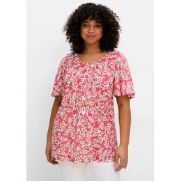 Longbluse sheego, Damen, Gr. 40, orange (hummer, gemustert), 100% Viskose, gebl&uuml;mt, gemustert, Rundhals, Blusen Longbluse