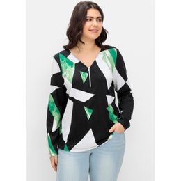 sheego Gro&szlig;e Gr&ouml;&szlig;en Shirt mit krempelbaren &Auml;rmeln, schwarz-apfel-gemustert, Gr&ouml;&szlig;e 52 - Damen