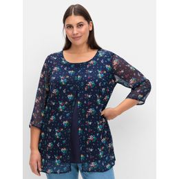 sheego Gro&szlig;e Gr&ouml;&szlig;en Longbluse im Lagenlook mit Chiffon, marine-pink-bedruckt, Gr&ouml;&szlig;e 44 - Damen