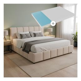 Juskys Polsterbett Florenz mit Matratze - Bubble Design, gepolstertes Kopfteil, Boucl&eacute; - 180 x 200 cm - Beige