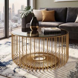 FineBuy Couchtisch 60cm Sofatisch Metall Glas Wohnzimmertisch Beistelltisch Rund Gold