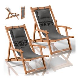 Juskys&reg; Sonnenliege Tavira 2er Set - Dunkelgrau, Akazienholz Liege mit UV-best&auml;ndigem Polyesterbezug, verstellbare Komfortposition, klappbar
