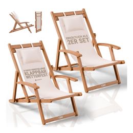 Juskys&reg; Sonnenliege Tavira 2er Set - Creme Akazienholz Liege mit UV-best&auml;ndigem Polyesterbezug, verstellbare Komfortposition, klappbar