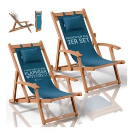 Juskys&reg; Sonnenliege Tavira 2er Set - Petrol, Akazienholz Liege mit UV-best&auml;ndigem Polyesterbezug, verstellbare Komfortposition, klappbar