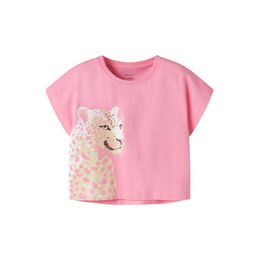Kurzarmshirt name it "NKFVILMA CAPSL CROP TOP F1 NOOS", Jungen, Gr. 116, pink drink print:cheetha, Jersey, Obermaterial: 100% Baumwolle, bedruckt, normal normal, Rundhals, Shirts, Baumwolle, regular fit