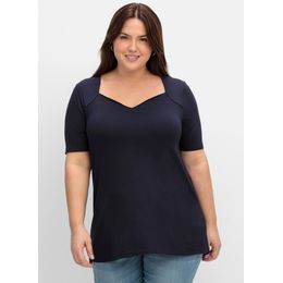 Kurzarmshirt sheego "T-Shirt", Damen, Gr. 40/42, blau (tiefblau), 95% Viskose, 5% Elasthan, unifarben, herzf&ouml;rmiger Ausschnitt, Shirts