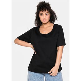 Kurzarmshirt sheego "T-Shirt", Damen, Gr. 44, schwarz, 100% Baumwolle, unifarben, Rundhals, Shirts