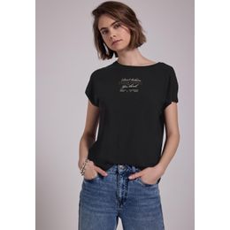 Print-Shirt STREET ONE STUDIO, Damen, Gr. 34, schwarz, Stoff, 95% Viskose, 5% Elasthan, bedruckt, gerade normal, Rundhals, B&uuml;ndchen, Shirts, mit Frontprint