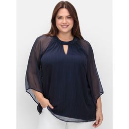 Longbluse sheego, Damen, Gr. 46, blau (marine), 100% Polyester, unifarben, Rundhals, Blusen Longbluse