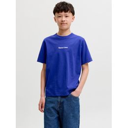 Jack & Jones T-Shirt JACK & JONES JUNIOR "JORNORREBRO EMB TEE SS CN NOOS JNR", Jungen, Gr. 128, bluing, Single Jersey, Obermaterial: 100% Baumwolle, bedruckt, relaxed fit normal, Rundhals, Shirts T-Shirt, Baumwolle, relaxed fit, Kurzarm