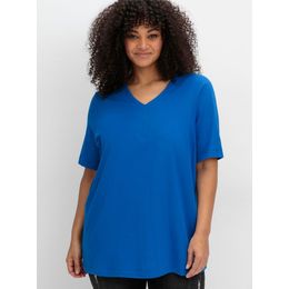 T-Shirt sheego "T-Shirt", Damen, Gr. 52/54, blau (kobaltblau), 100% Baumwolle, unifarben, V-Ausschnitt, Shirts T-Shirt