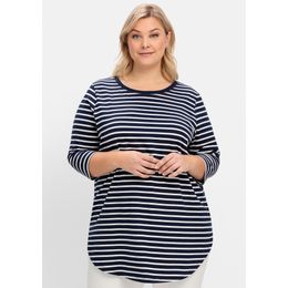 Longshirt sheego "Longshirt", Damen, Gr. 48/50, blau (marine, wei&szlig;), 95% Baumwolle, 5% Elasthan, gemustert, mehrfarbig, Rundhals, Shirts Longshirt