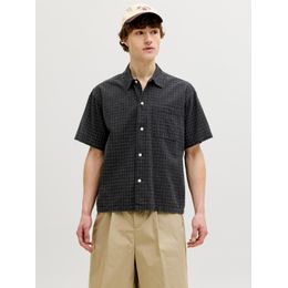 Jack & Jones Kurzarmhemd JACK & JONES "JORRIVIERA LINEN BLEND SHIRT SS LN", Herren, Gr. M, N-Gr, schwarz checks:checks, Web, Obermaterial: 70% Baumwolle, 30% Leinen, kariert, regular fit normal, ohne Ausschnitt, Hemden, Baumwollmischung, regular fit