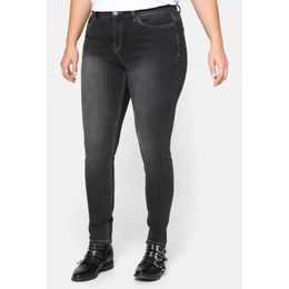 Stretch-Jeans sheego, Damen, Gr. 21, Kurzgr&ouml;&szlig;en, schwarz (schwarz denim), 67% Baumwolle, 27% Polyester, 4% Viskose, 2% Elasthan, unifarben, lang, Jeans
