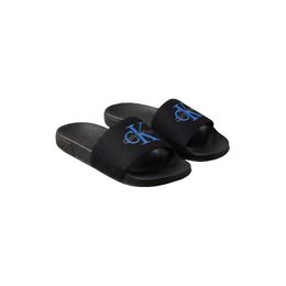 Badepantolette Calvin Klein "ESS SLIDE CV WN", Damen, Gr. 37, schwarz, dunkelblau, Textil, unifarben, Basic, Schuhe, Strandschuh, Flat mit CK-Stickerei