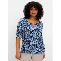 T-Shirt sheego "T-Shirt", Damen, Gr. 48/50, blau (tiefblau, gemustert), 95% Viskose, 5% Elasthan, gemustert, Rundhals, Shirts T-Shirt