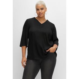Longbluse sheego, Damen, Gr. 46, schwarz, 100% Viskose, unifarben, V-Ausschnitt, Blusen Longbluse