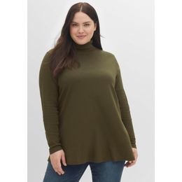 Langarmshirt sheego "Rollkragen-Shirt", Damen, Gr. 40/42, gr&uuml;n (dunkelkhaki), 100% Baumwolle, unifarben, Shirts Langarmshirt