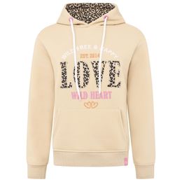Hoodie Zwillingsherz "Wild Love", Damen, Gr. L/XL (L/XL), beige, Sweatware, Obermaterial: 50% Baumwolle, 50% Polyester, unifarben mit Farbeinsatz, comfort fit h&uuml;ftlang, V-Ausschnitt, Sweatshirts Hoodie, mit Wording Leo Love und Stickerei