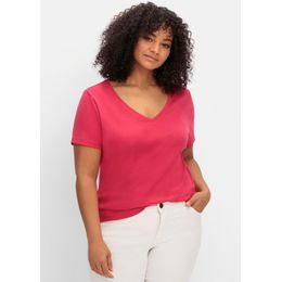 T-Shirt sheego "T-Shirt", Damen, Gr. 44/46, pink (magenta), 100% Baumwolle, unifarben, V-Ausschnitt, Shirts T-Shirt
