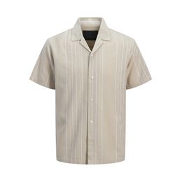 Jack & Jones Kurzarmhemd JACK & JONES "JPRBLARIVER LINEN BL. DOBBY SS SHIRT SN", Herren, Gr. L, N-Gr, beige (ancient scroll stripes:stripes), Web, Obermaterial: 50% Baumwolle, 30% Leinen, 20% Viskose, gestreift, regular fit normal, gerader Abschluss, Hemden, mit Resort Kragen