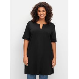 Longshirt sheego "Longshirt", Damen, Gr. 48/50, schwarz, 100% Baumwolle, unifarben, V-Ausschnitt, Shirts Longshirt