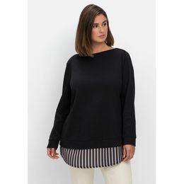 2-in-1-Langarmshirt sheego "2-in-1-Shirt", Damen, Gr. 44/46, schwarz, 100% Baumwolle, Webware:100% Polyester, gemustert, gestreift, unifarben, U-Boot-Ausschnitt, Shirts