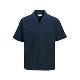 Jack & Jones Kurzarmhemd JACK & JONES "JJGLOBAL WAFFLE RESORT SHIRT SS", Herren, Gr. L, N-Gr, blau (navy blazer), Web, Obermaterial: 100% Baumwolle, unifarben, regular fit normal, ohne Ausschnitt, gerader Abschluss, Hemden, mit Resort Kragen