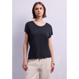 T-Shirt STREET ONE STUDIO, Damen, Gr. 36, blau (schwarz void blau), Web, 50% Modal, 50% Baumwolle, unifarben, gerade normal, V-Ausschnitt, B&uuml;ndchen, Shirts T-Shirt, mit V-Ausschnitt