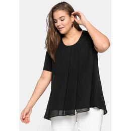 Blusenshirt sheego "Blusenshirt", Damen, Gr. 44, schwarz, 95% Viskose, 5% Elasthan, Chiffon:100% Polyester, unifarben, Rundhals, Shirts Blusenshirt